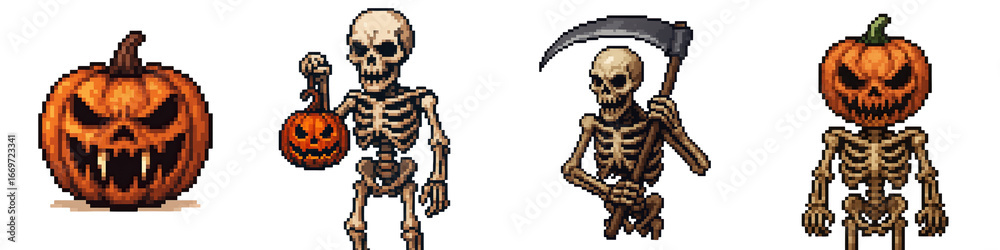 ภาพประกอบ Stock Halloween pixel art features spooky skeletons and ...