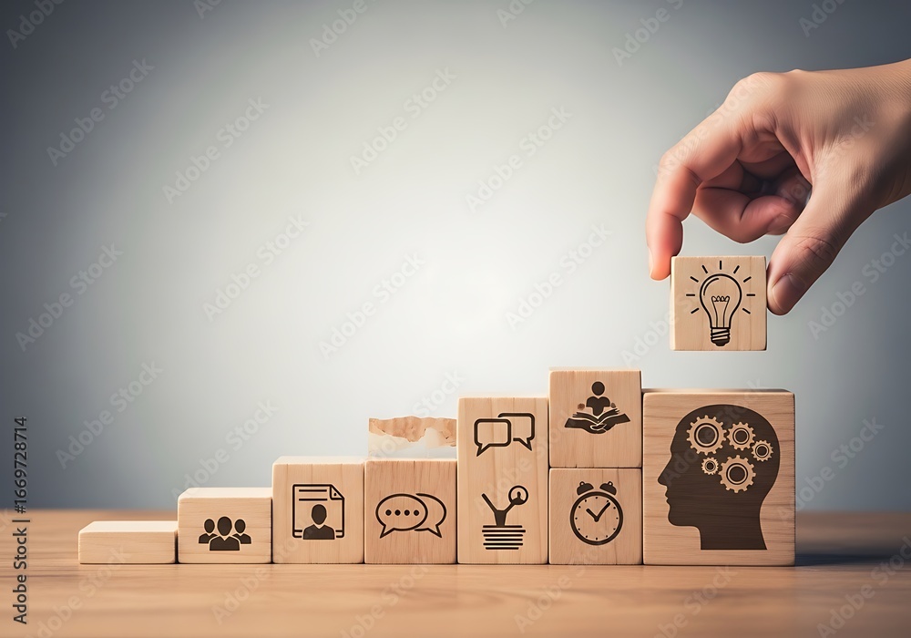 A hand places a wooden block featuring an idea icon atop a step-like ...