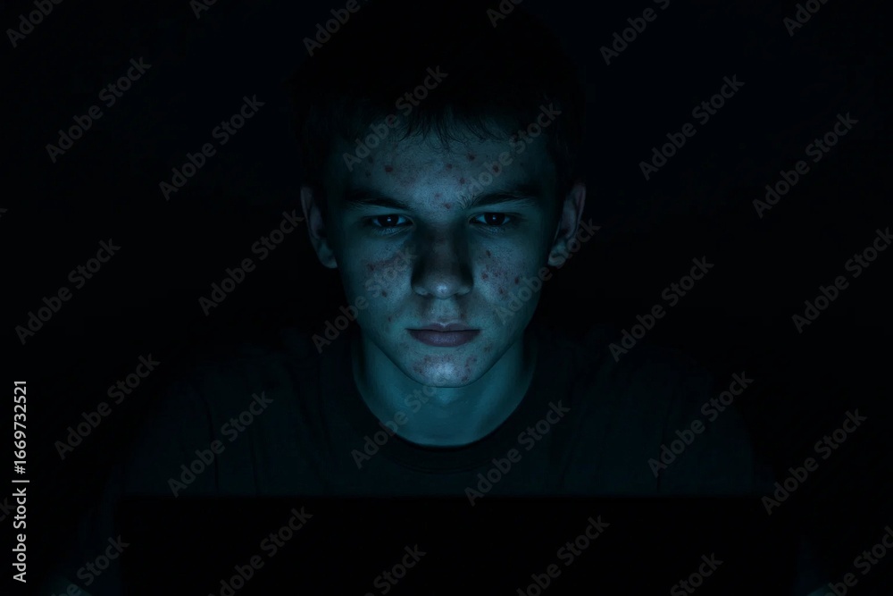 Teen boy illuminated by computer screen in dark room, acne visible on ...