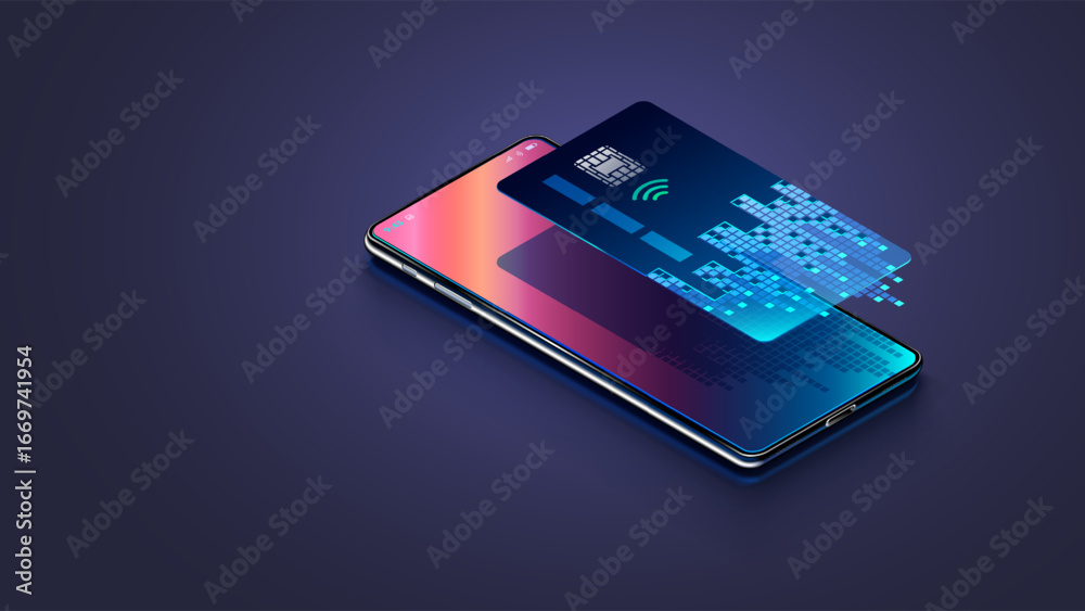 Virtual or Digital bank card over screen phone. Digital bank card ...