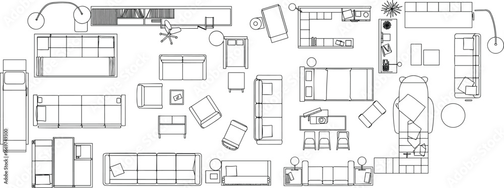 Extensive Top-View Furniture Outlines: Black and White Architectural ...