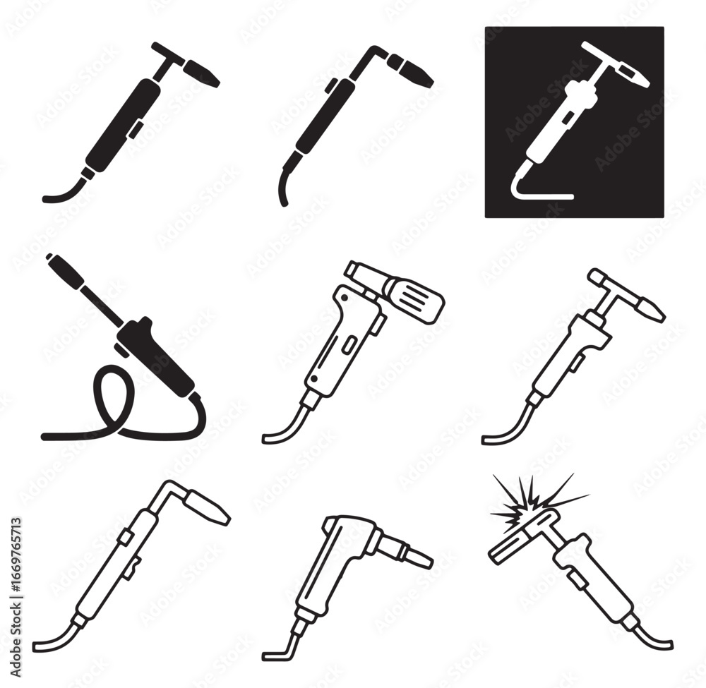 Set of illustrated welding torches in black and white outlines ...