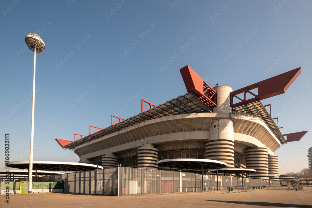 San Siro Stadium in Milan, Italy, under bright sunlight. Exterior ...