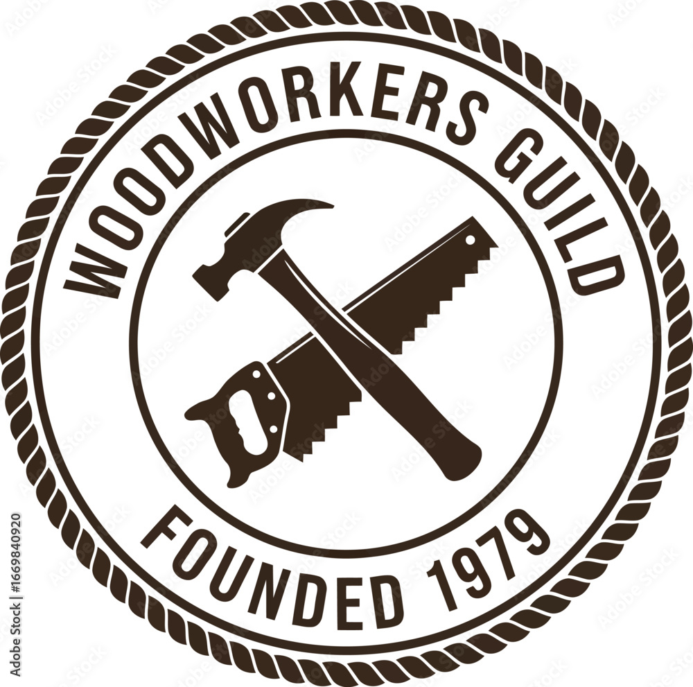 Vintage woodworkers guild emblem with hammer and saw tool icon vector ...