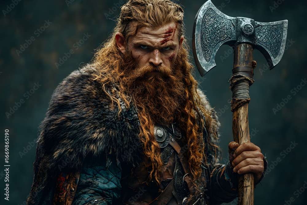 Powerful portrait of the Norse god Thor holding his legendary hammer ...