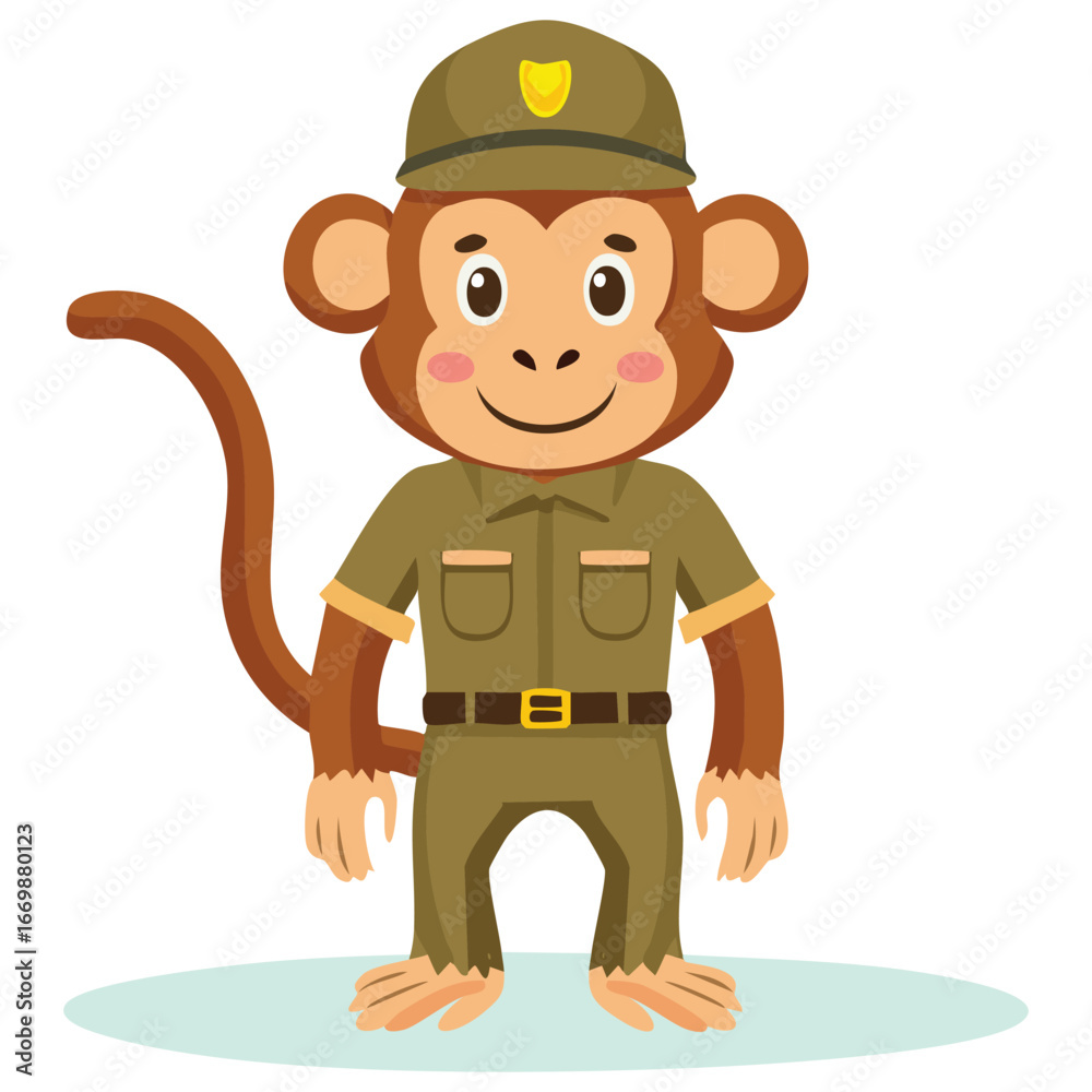 A vigilant and detailed character design of a monkey security guard ...
