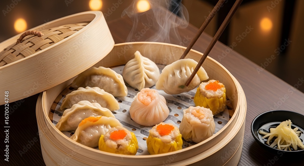 Stock-Foto „Authentic dim sum feast in bamboo steamer, perfect for ...