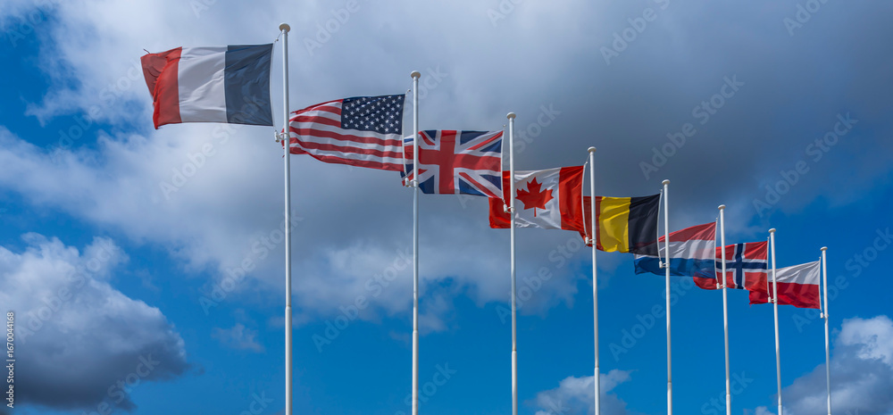 Langrune-Sur-Mer, France - 08 05 2025: Alignment of national flags of ...