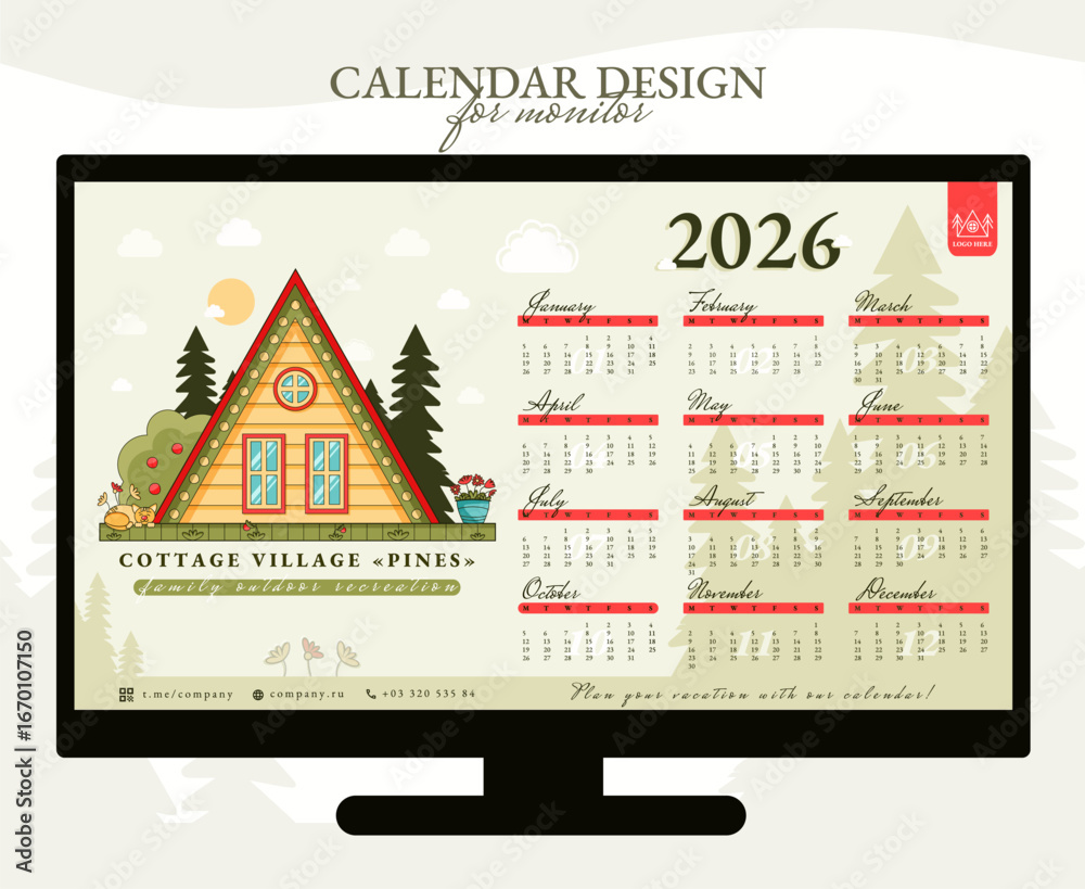 Desk Calendar 2026 template. Monitor Calendar. Calendar design for ...