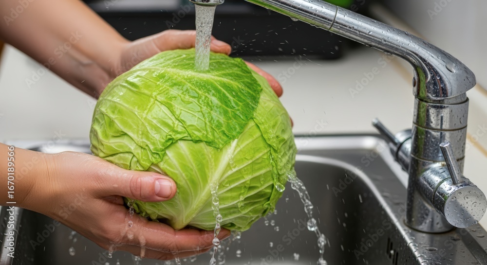 Woman washing a fresh green cabbage in a kitchen sink. Stock Photo ...