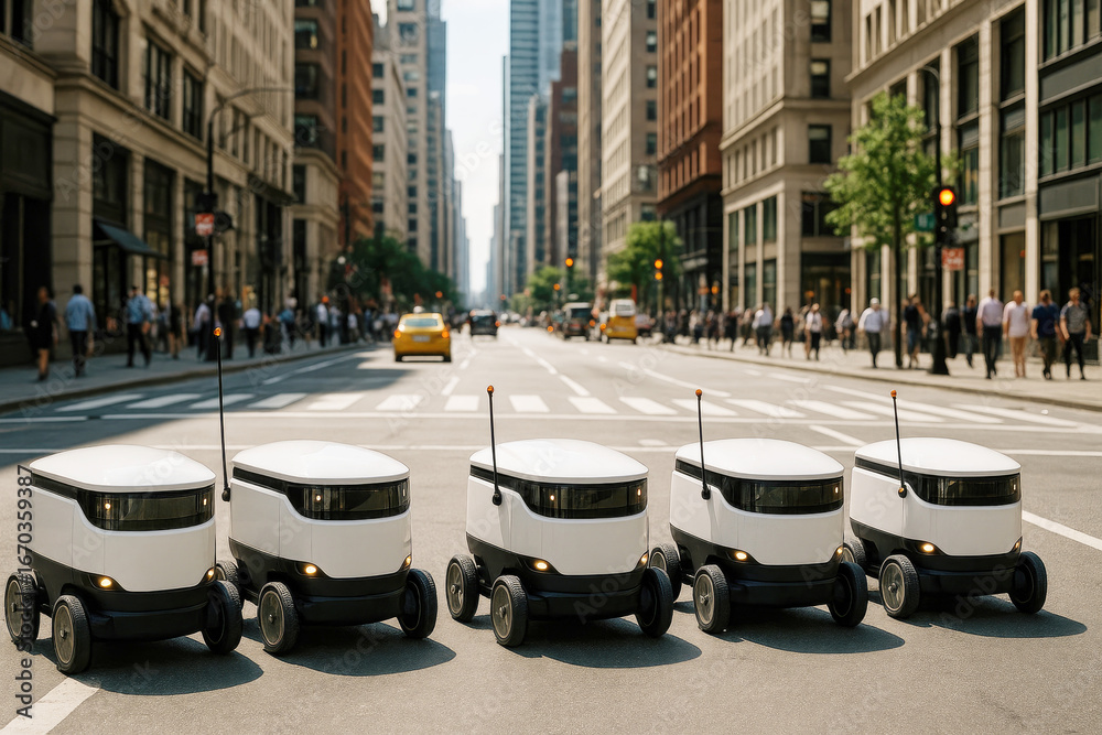 Five autonomous delivery robots lined up on a city street with ...
