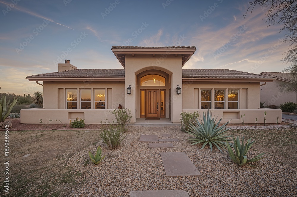 Southwest-style adobe home with a tile roof and desert landscaping ...