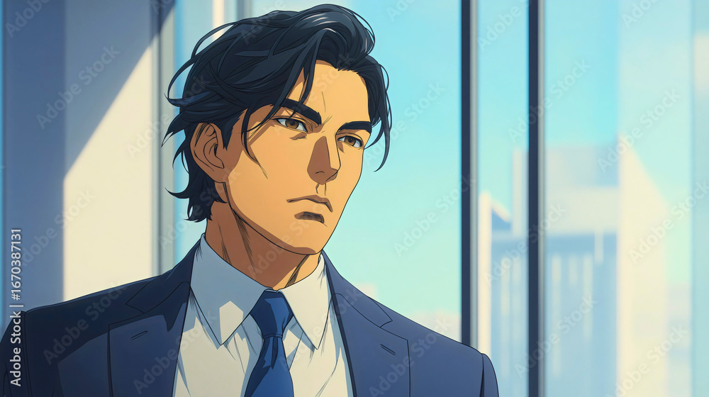 Japanese businessman in anime style looking from the top of a building ...
