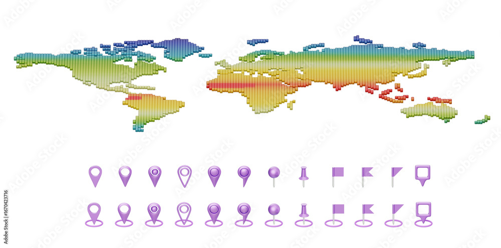 Set of purple location pins on World climate zones map. Isolated on ...