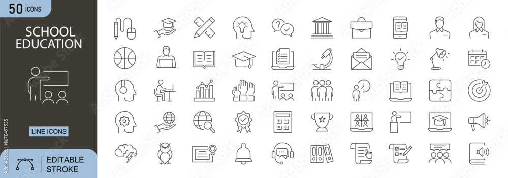 School Education icons set. Includes icons for book, pencil, graduation ...