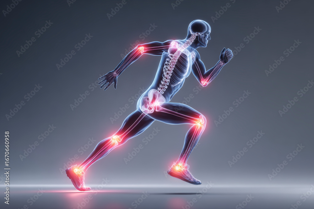 Anatomical illustration of a running person with joints highlighted in ...