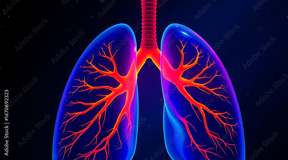 Anatomical illustration of human lungs with bronchioles, alveoli ...