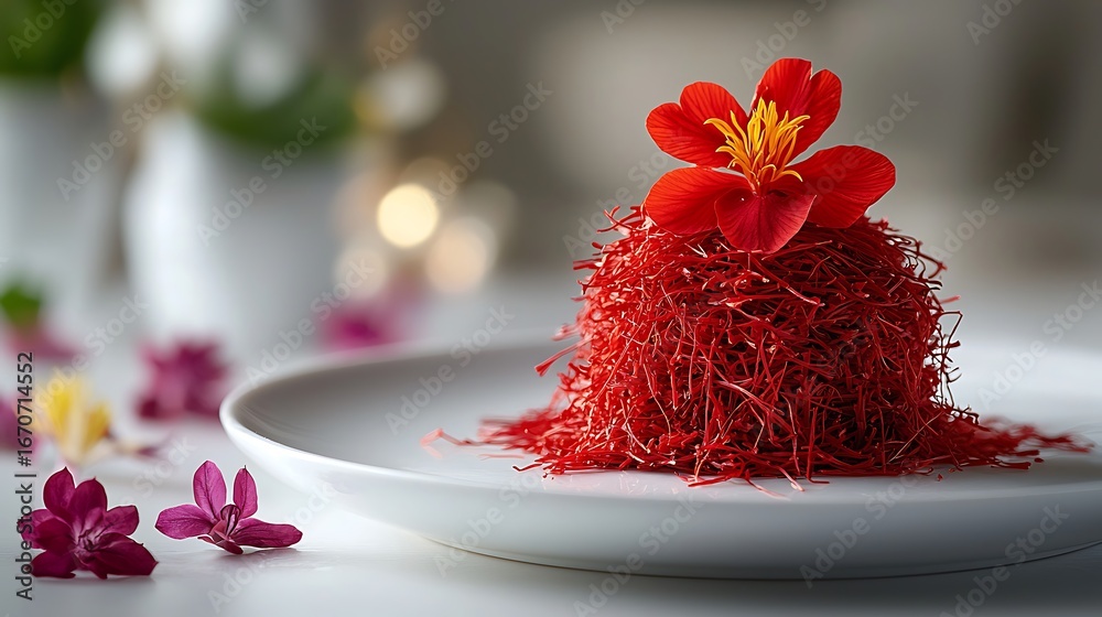 Artistic presentation of saffron strands with a red flower on a white ...