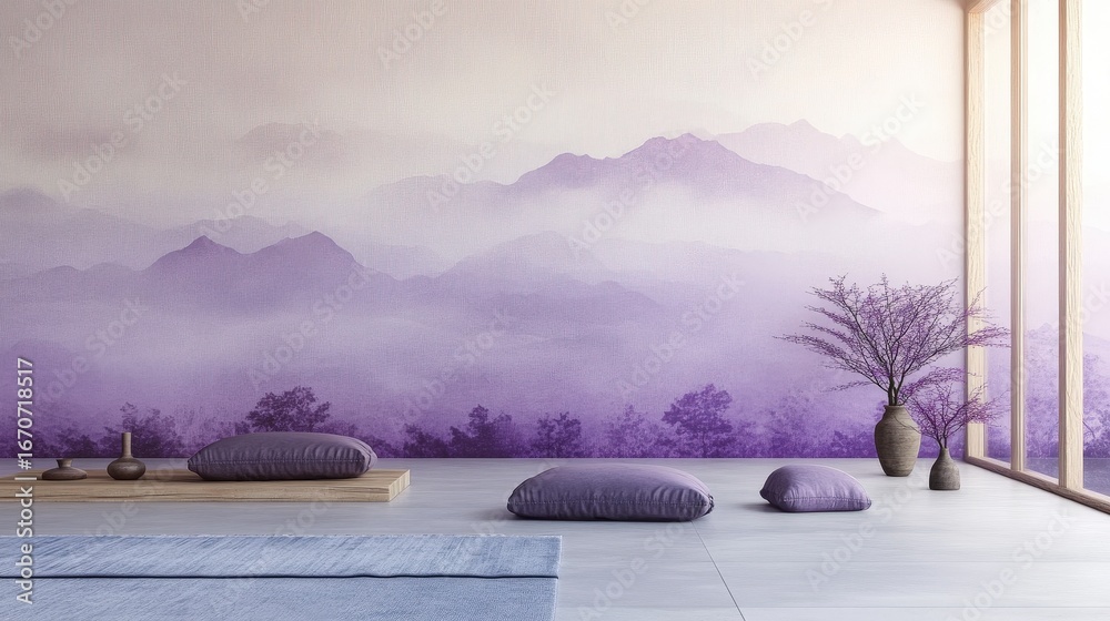 Zen room interior design with purple mountain wallpaper, pillows, and ...