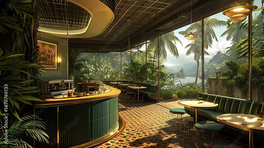 Stock-Illustration „Tropical rainforest restaurant interior design with ...