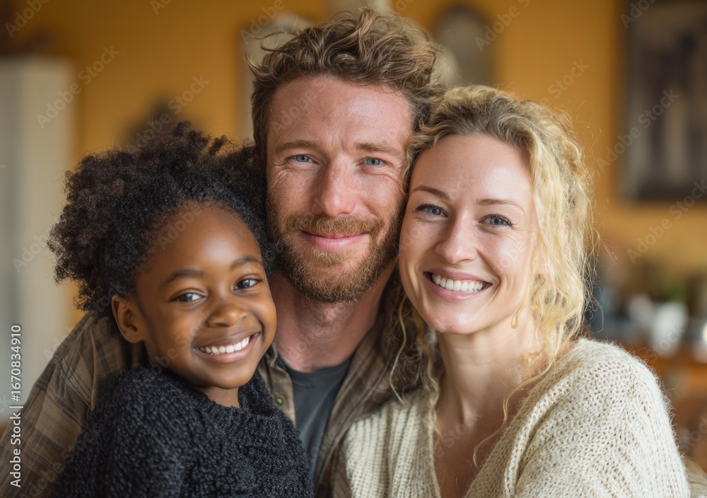 Happy diverse family portrait, joyful parents and their beloved adopted ...