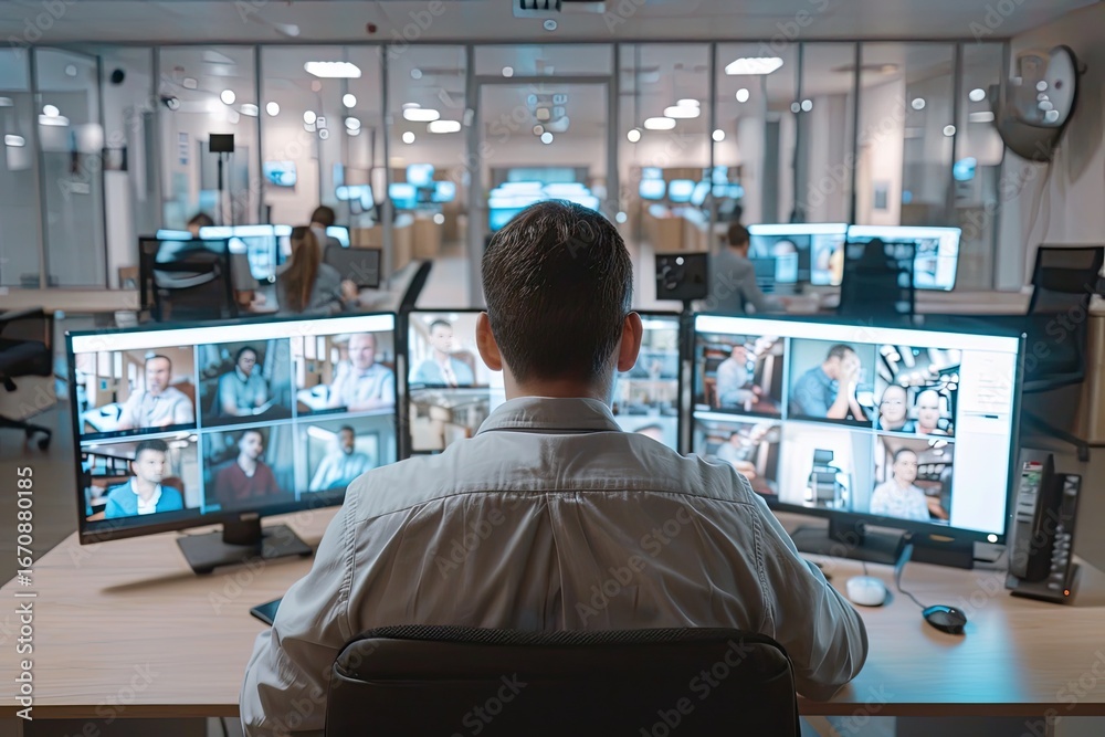 Security guard monitoring screens in control room Stock Photo | Adobe Stock