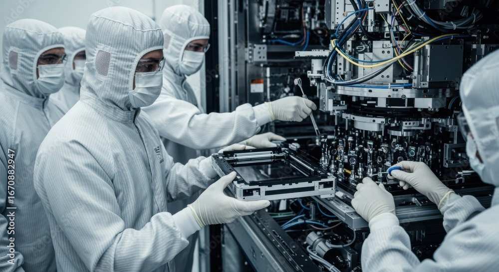 Team of specialists wearing protective suits installing fragile optics ...