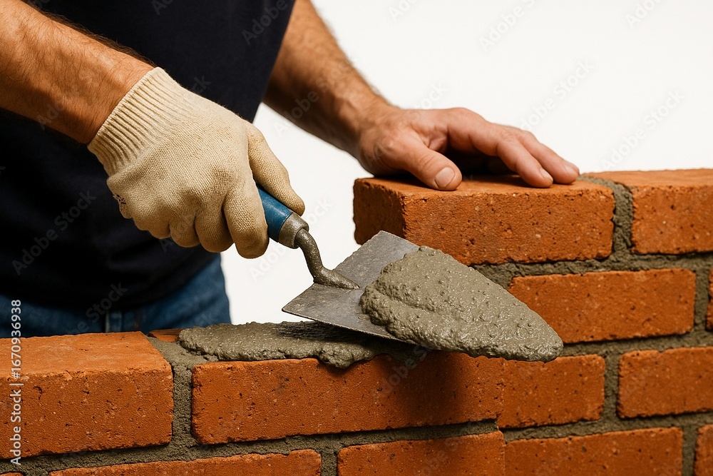 Mason's gloved hands spreading mortar with a trowel for laying new red ...