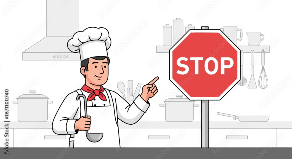 Chef Pointing At A Stop Sign Indicating Kitchen Safety Regulations And ...