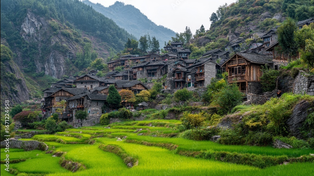 Ancient Chinese village in Guizhou with wooden houses and black stone ...