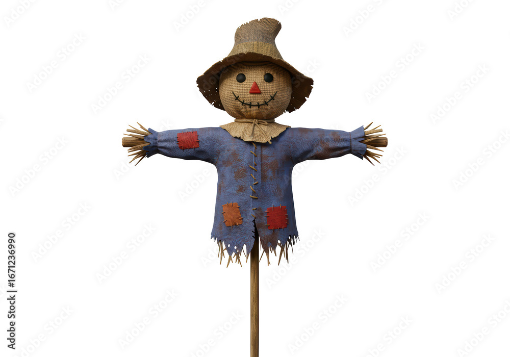 Isolated scarecrow with straw hat and patches for autumn season harvest ...