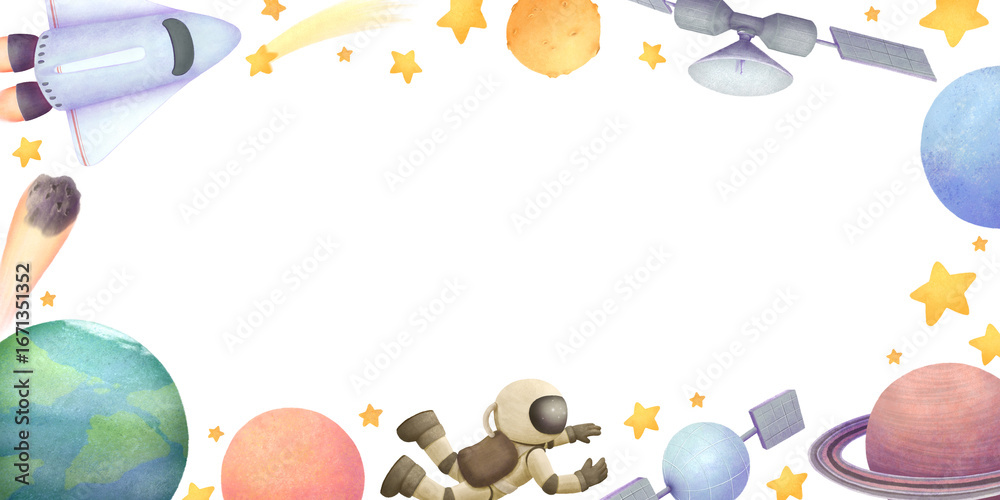 Horizontal frame template with space bodies, shuttle, satellite and ...