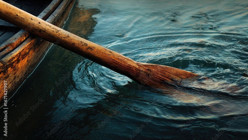 Wooden oar in a boat, ripples on dark water Stock Photo | Adobe Stock