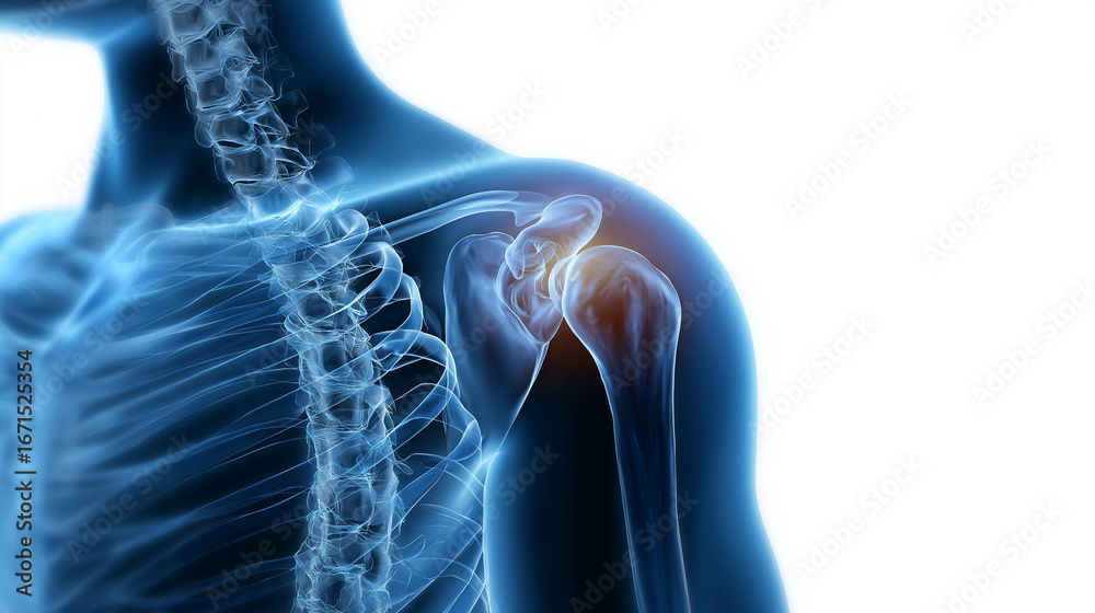 3D medical illustration of human shoulder joint with highlighted ...