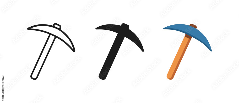 Minimalist pickaxe designs: outline, silhouette, and colorful ...