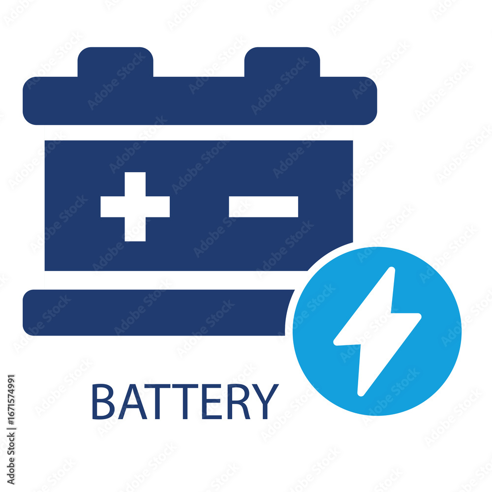 Blue and white graphic of a battery icon with positive and negative ...
