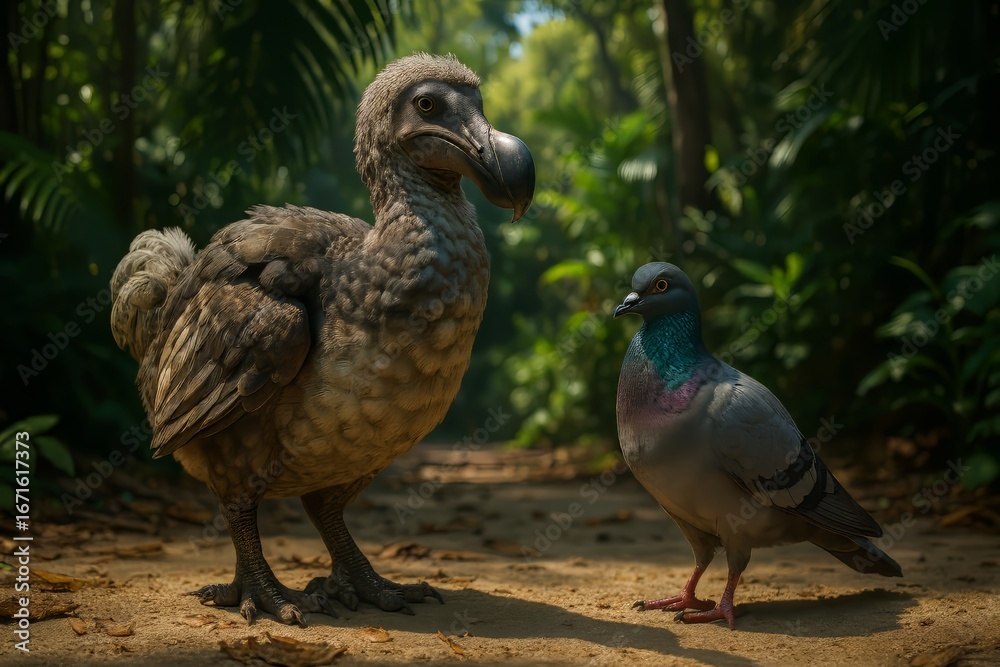 Prehistoric Extinct Species Reconstruction of Dodo and pigeon on jungle ...