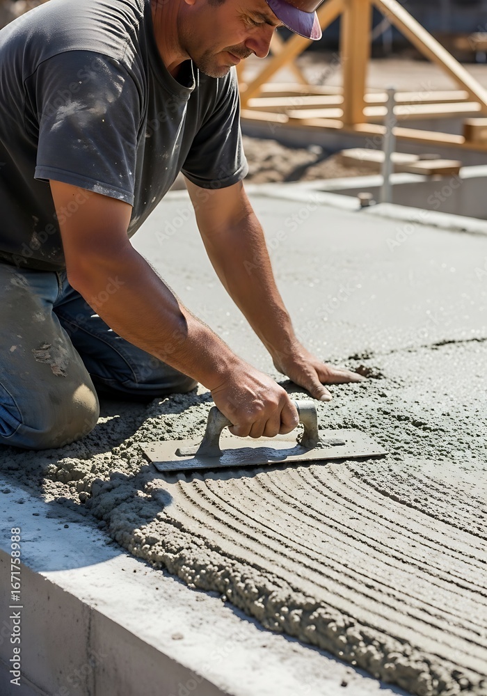 Construction worker smoothing wet concrete surface for a new foundation ...