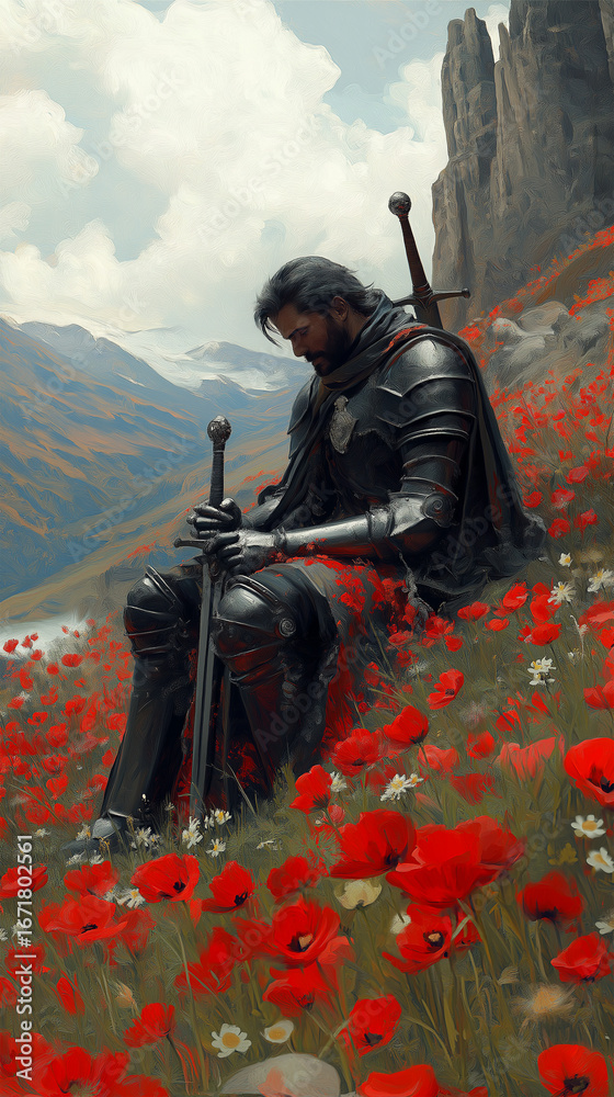 Photo Stock Medieval knight in black armor resting with sword in red ...