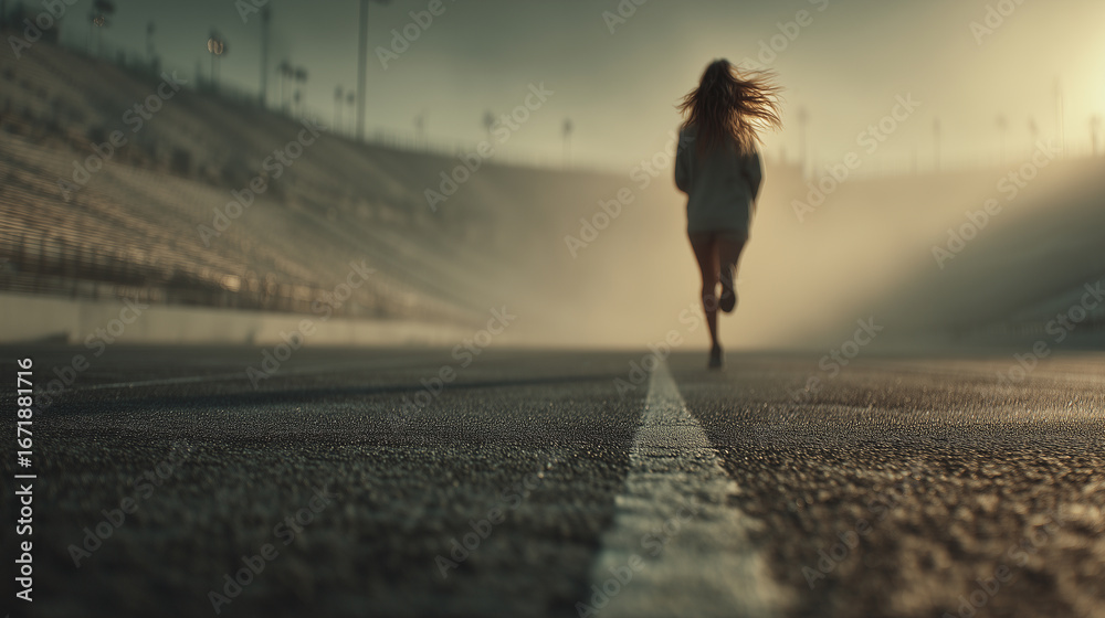 Athlete running on a dusty track inside a stadium at sunset Stock Photo ...
