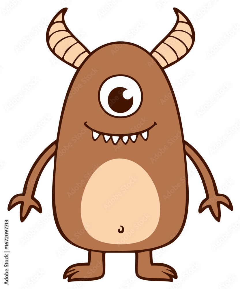 Cartoon Illustration of Friendly One-Eyed Monster with Horns, Arms and ...