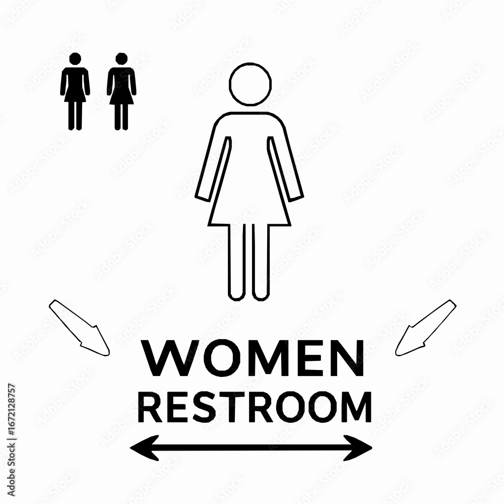 Women Restroom Sign with Female Icons and Directional Arrows on White ...