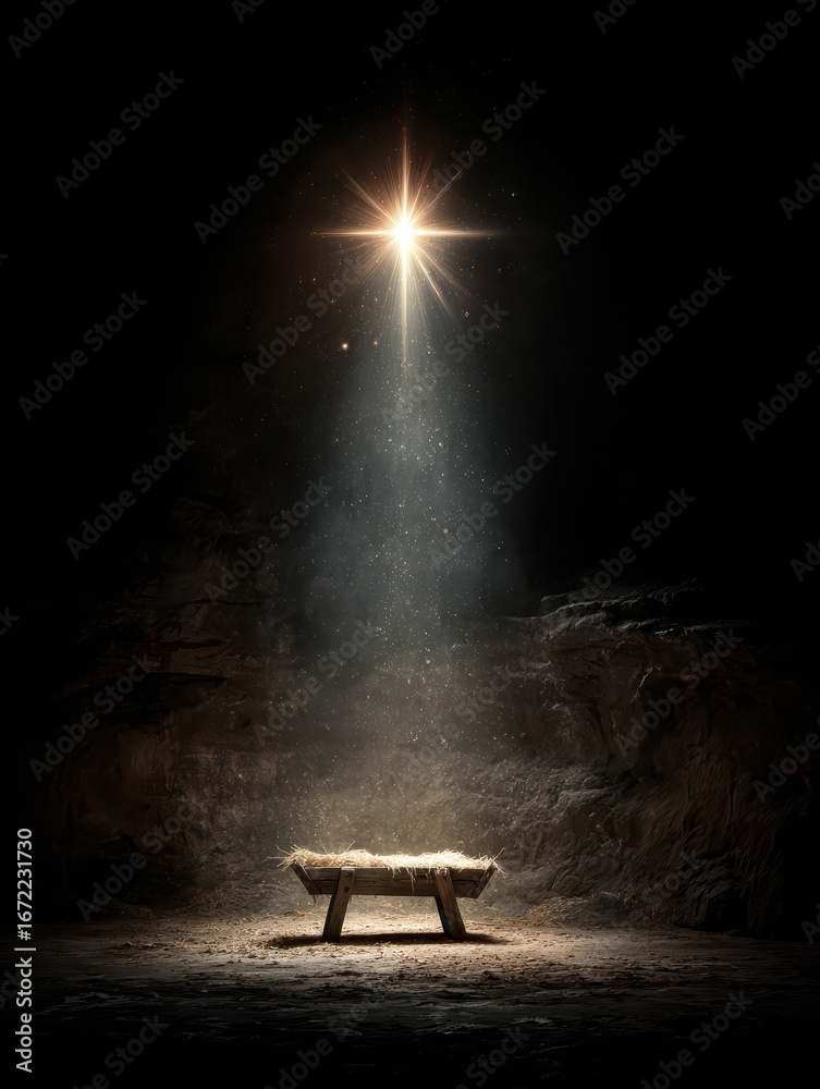 conceptual nativity scene featuring an empty wooden manger under a ...