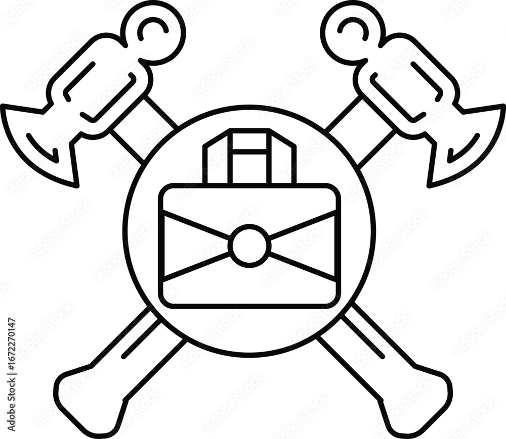 A black and white drawing of a hammer and an axe with a briefcase in ...