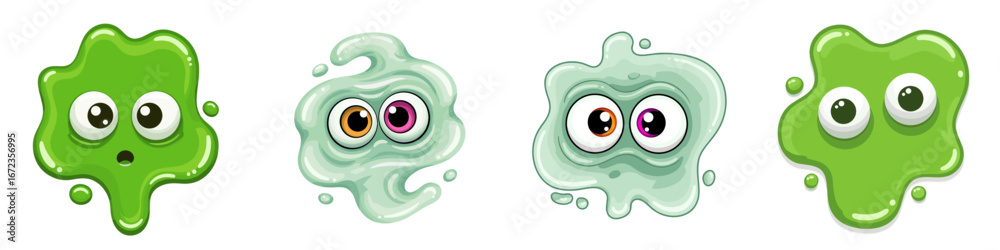 Cartoon green blobs with eyes expressing different emotions, Bold ...