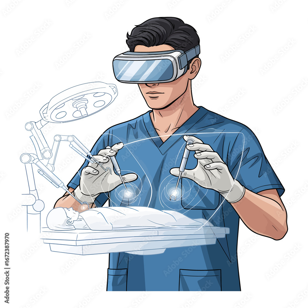 Surgeon using VR/AR headset for futuristic robotic surgery with a ...