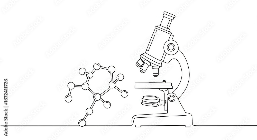 Line drawing of a microscope next to a molecular structure ...