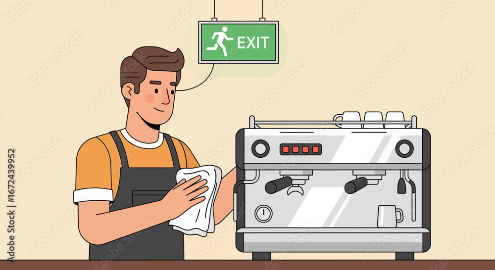 Barista Cleans Espresso Machine While The Emergency Exit Sign Indicates ...
