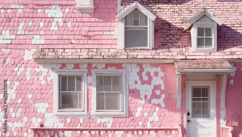 Pink dollhouse-style house facade with weathered, patchy paint. Small ...