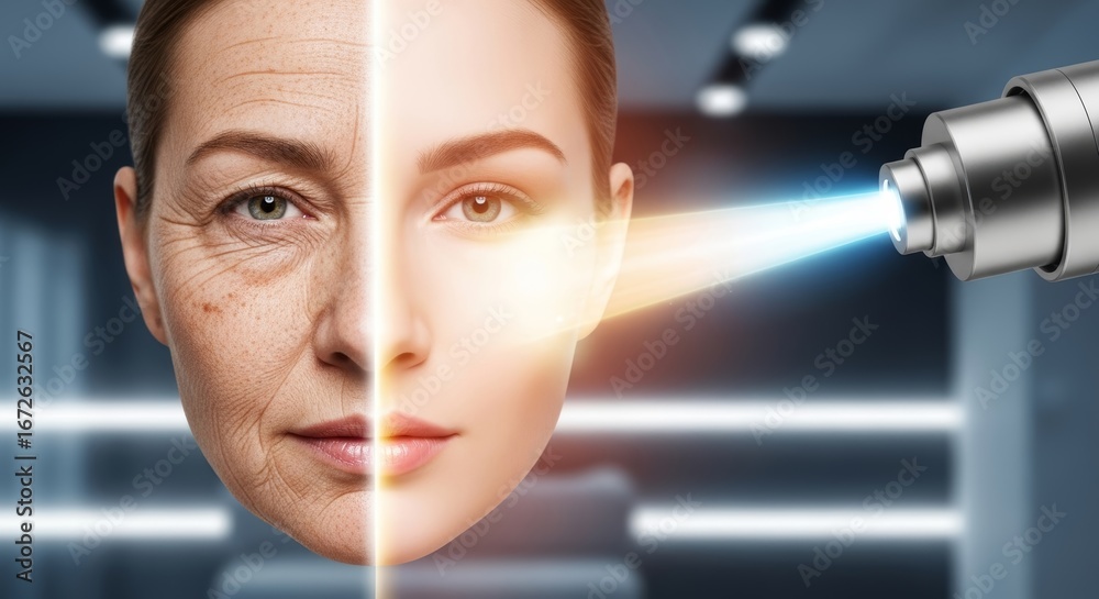 Beautiful woman's face, half before and half after laser skin ...